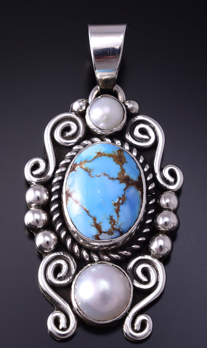 Silver & Golden Hills Turquoise Fresh Pearl Navajo Pendant by Erick Be ...